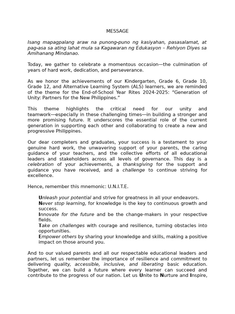 Graduation Message of RD Art SY 2024-2025 | PDF | Cognition | Learning