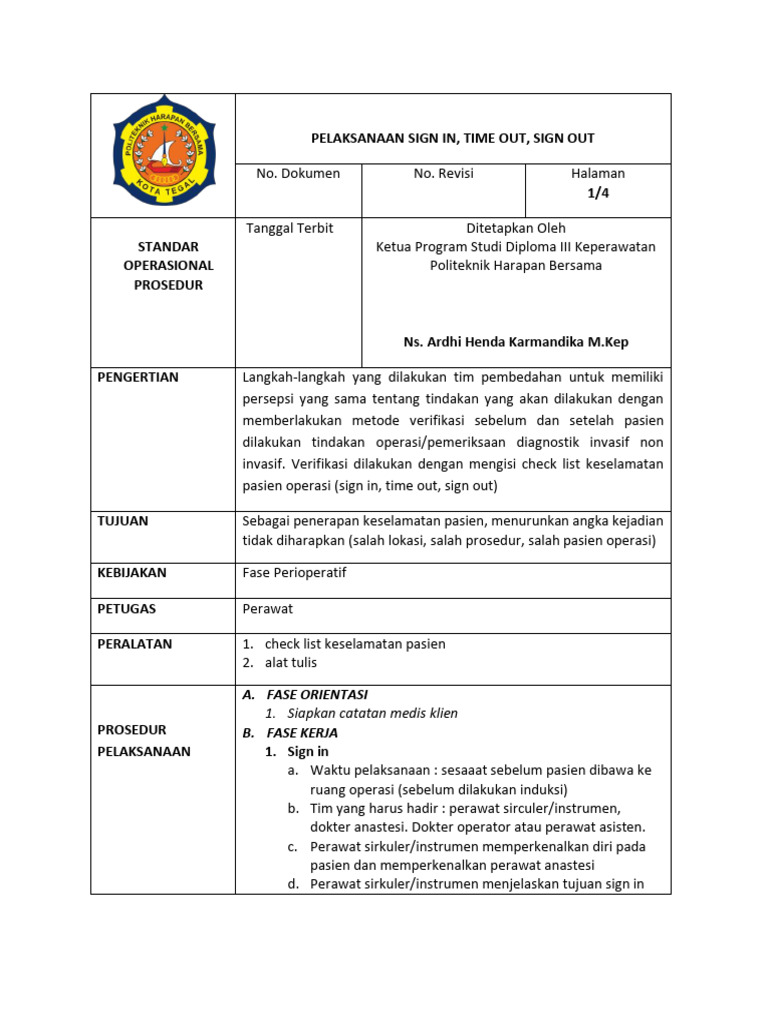Prosedur Sign In, Time Out, Sign Out | PDF