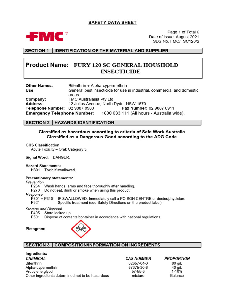 Fury 120 SC Insecticide Safety Data | PDF | Dangerous Goods | Toxicity