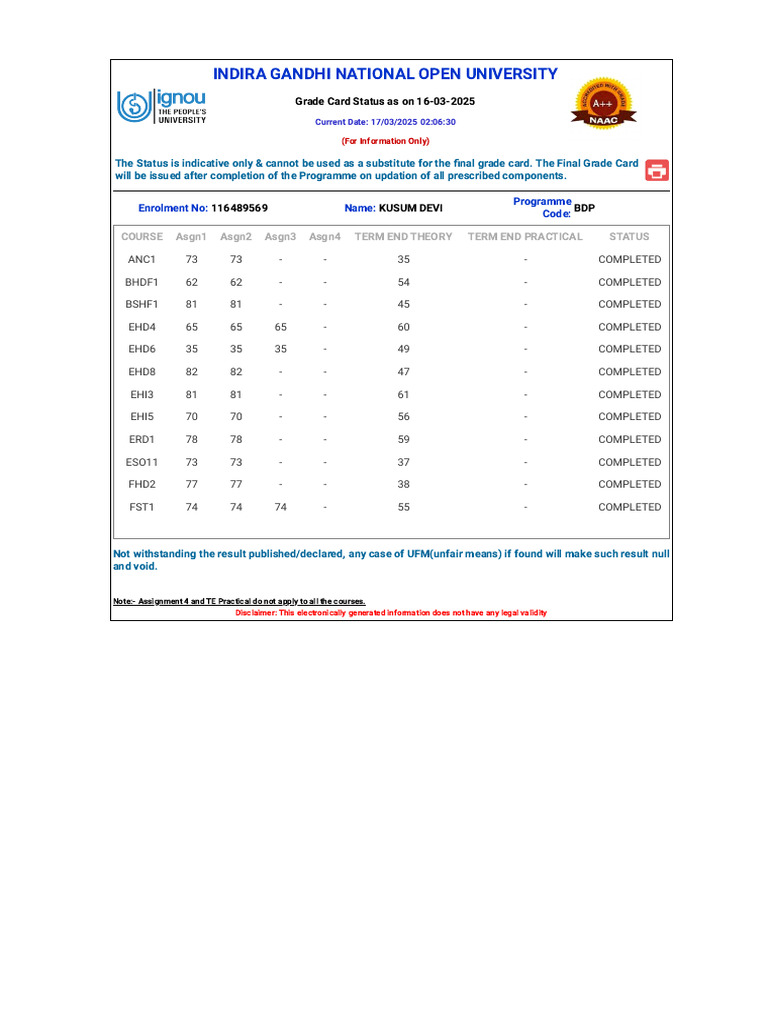 IGNOU Grade Card Kusum | PDF