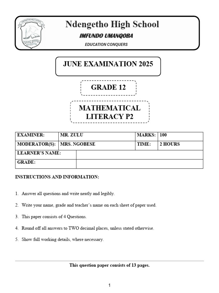 Maths Lit Grade 12 P2 2025 Pdf