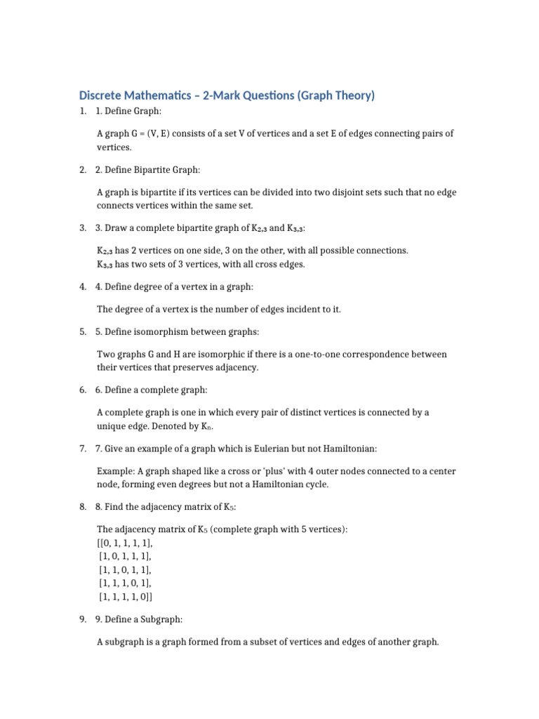 2 Mark Questions Graph Theory-1 | PDF | Vertex (Graph Theory ...