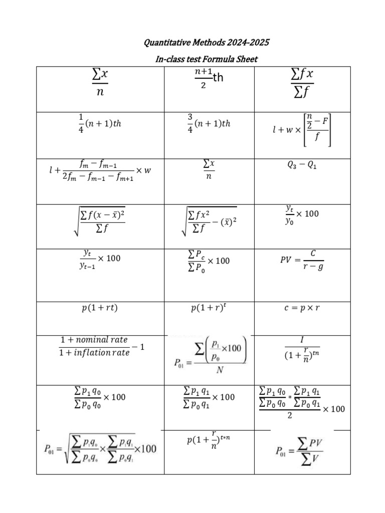 Methods Formula Sheet 2024-2025 | PDF