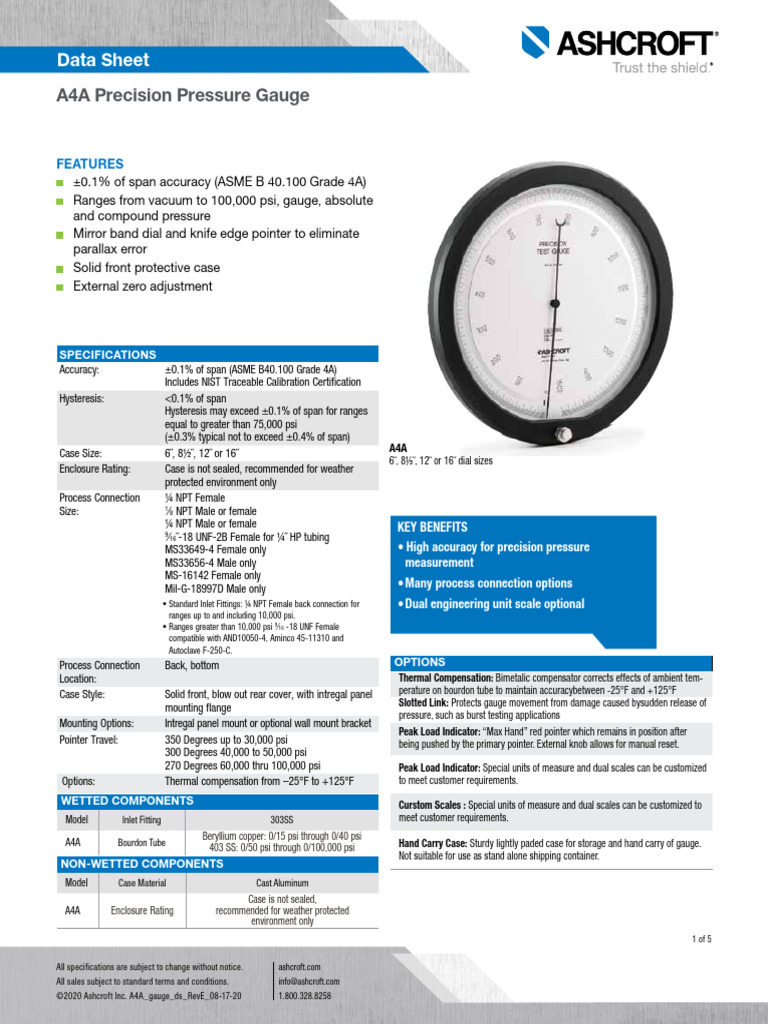 Datasheet A4a Precision Pressure Gauge Reve | PDF | Pressure Measurement | Calibration