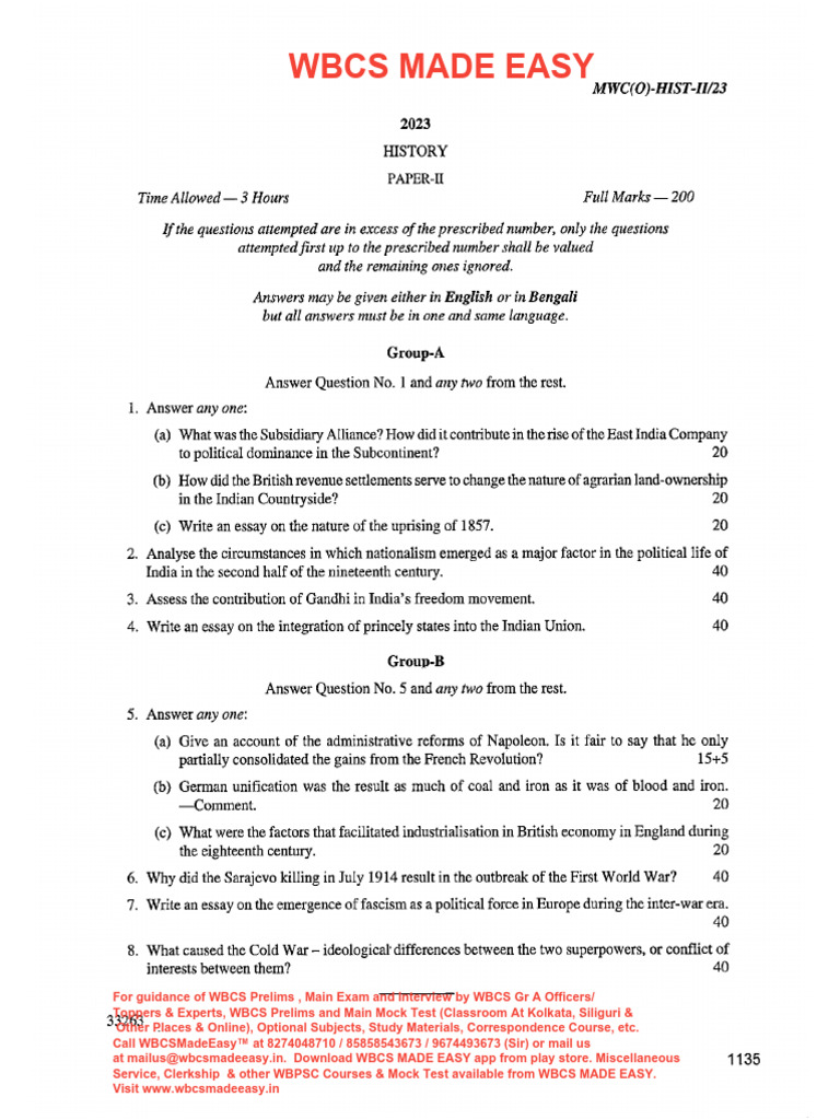 WBCS Main Exam 2023 Optional History Question Paper 2 1 | PDF