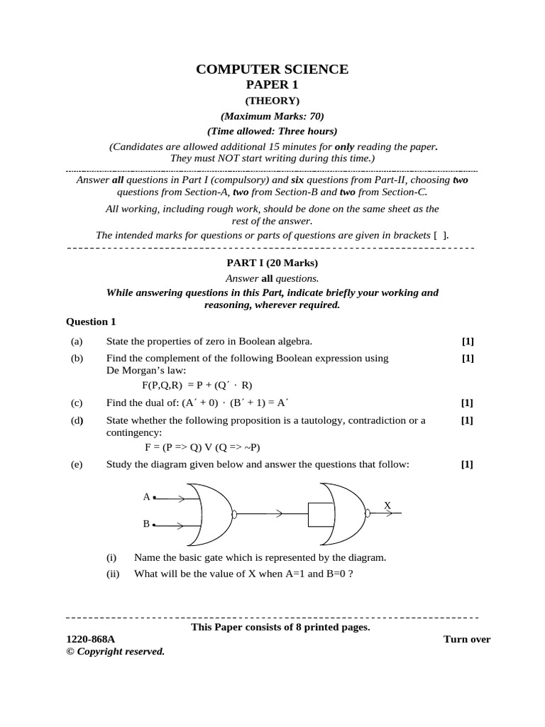 Isc Class 12 Computer Science Paper 1 868a 2020 | PDF | Boolean Algebra | Teaching Mathematics