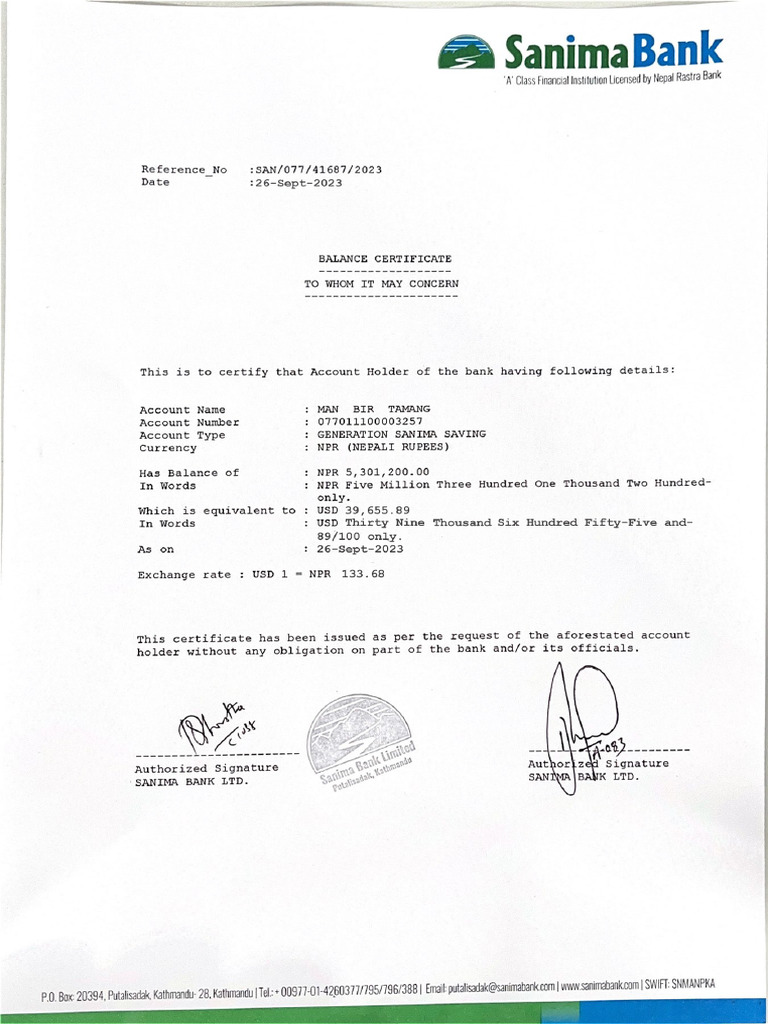 Bank Certificate PDF | PDF