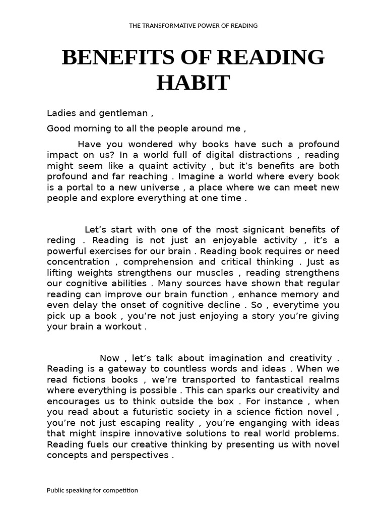 Benefits of Reading Habit - 092755 | PDF | Creativity | Psychological ...