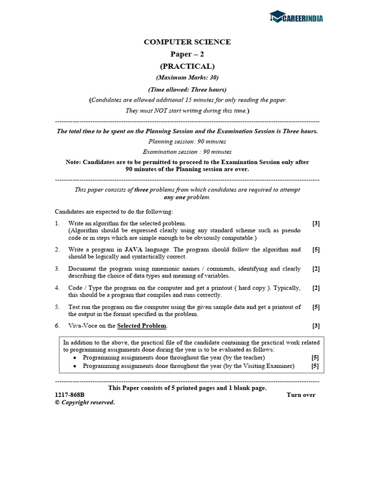 ISC Class 12 Computer Science Paper 2 (Practical) Question Paper - 2017 | PDF | Computer Program ...