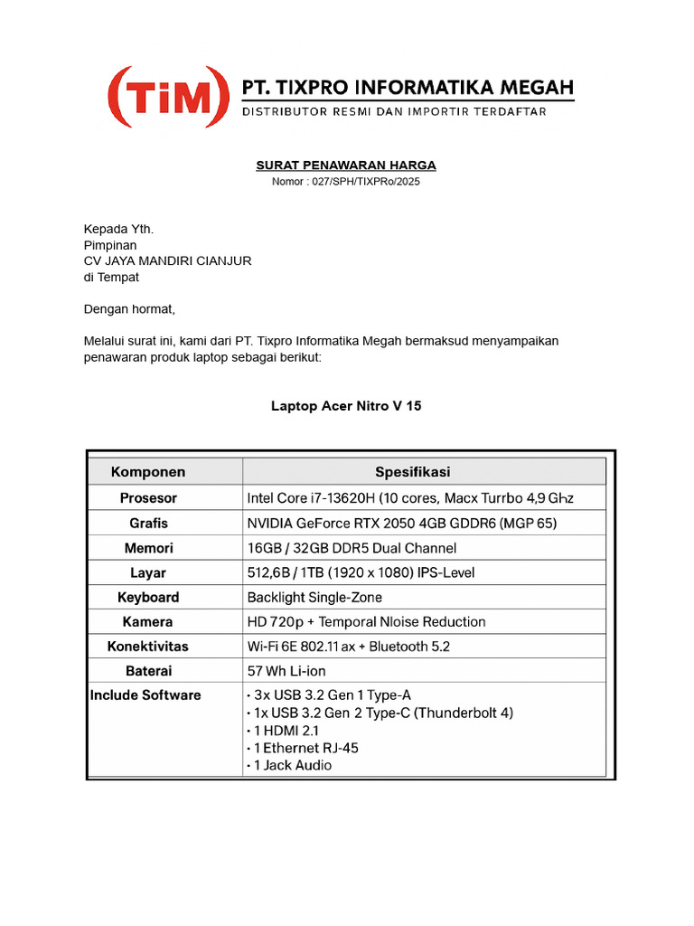 Surat Penawaran CV. Jaya Mandiri | PDF