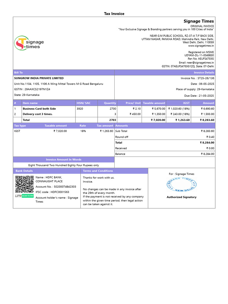 HDFC Bank Invoice for Signage Services | PDF | Invoice | Taxes