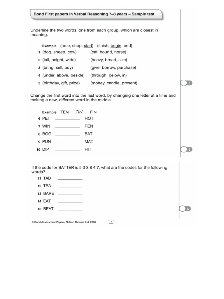 Verbal Reasoning 7-8 Years - Sample Test | PDF