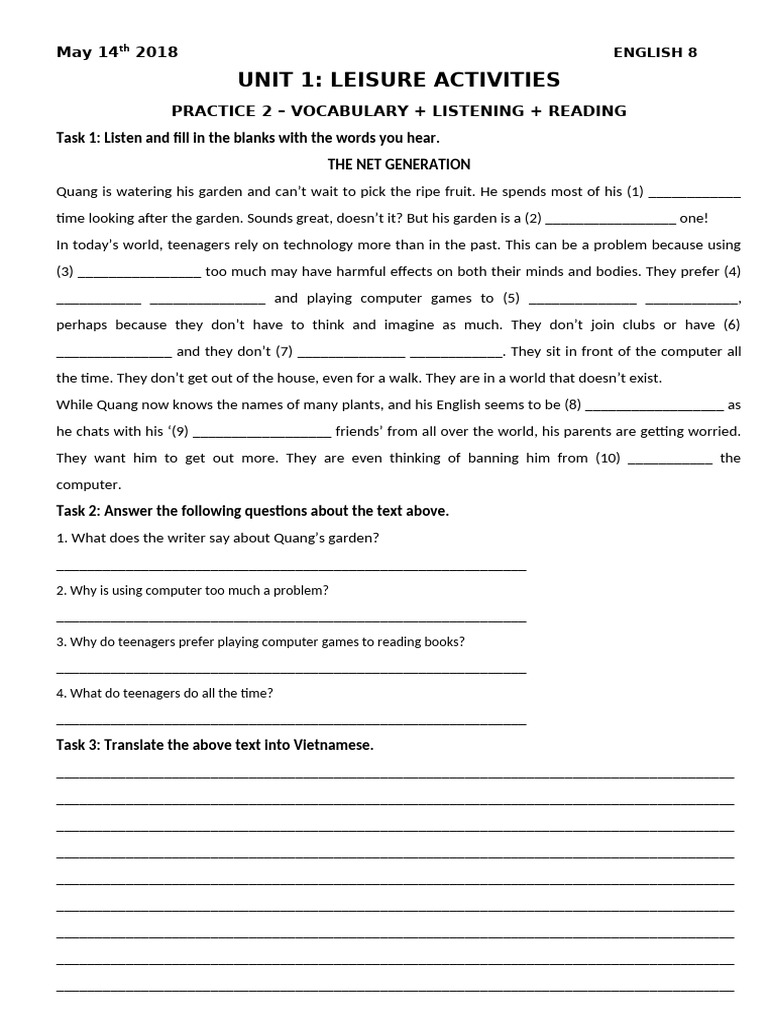 E8 Vocabulary + Listening + Reading | PDF