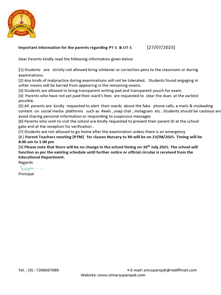 Information For The Parents Regarding PT-1 Exam. | PDF