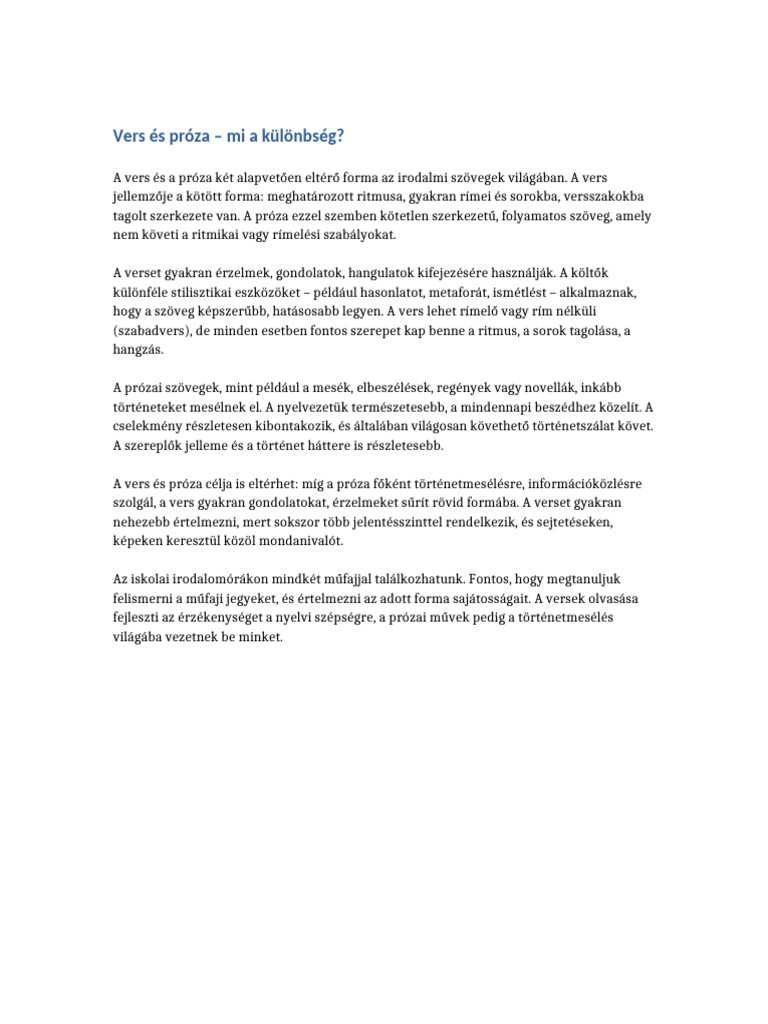 Vers És Próza - Mi A Különbség | PDF