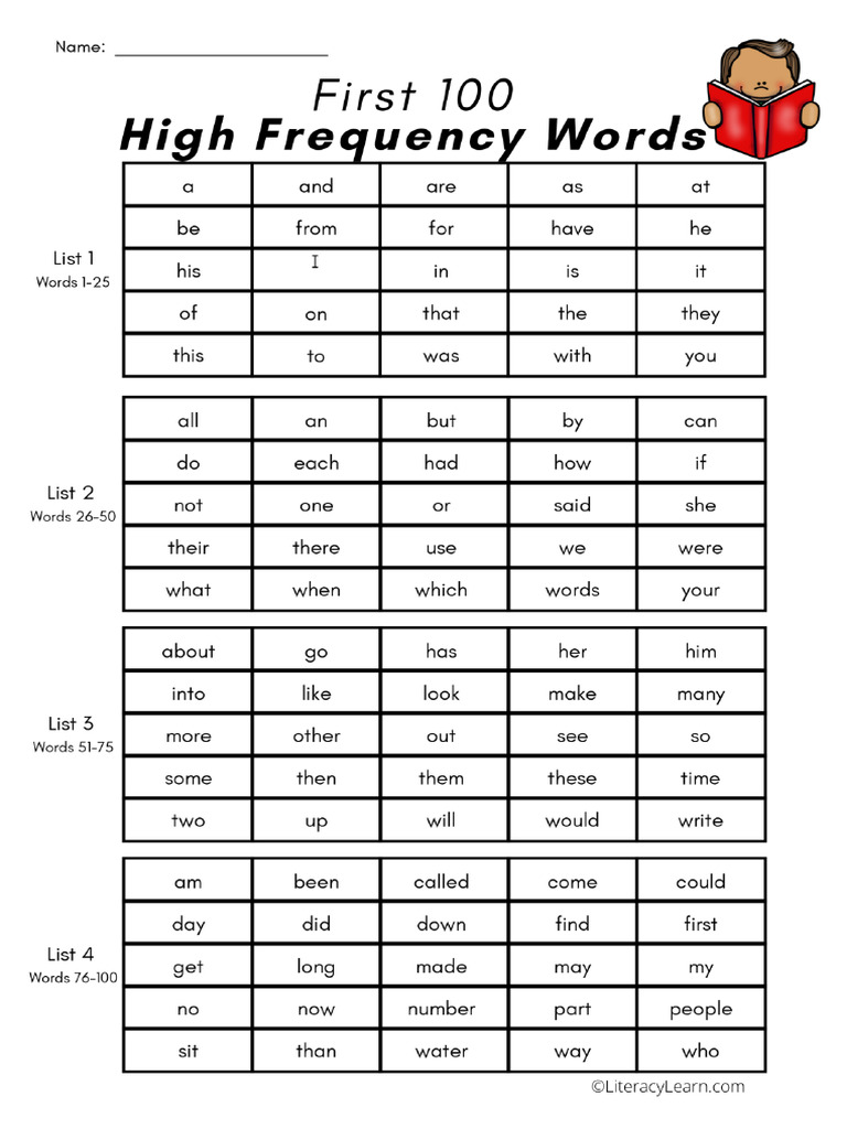 First 100 High Frequency Words List PDF | PDF