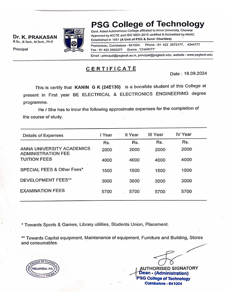PSC College and Hostel Fees Structure | PDF