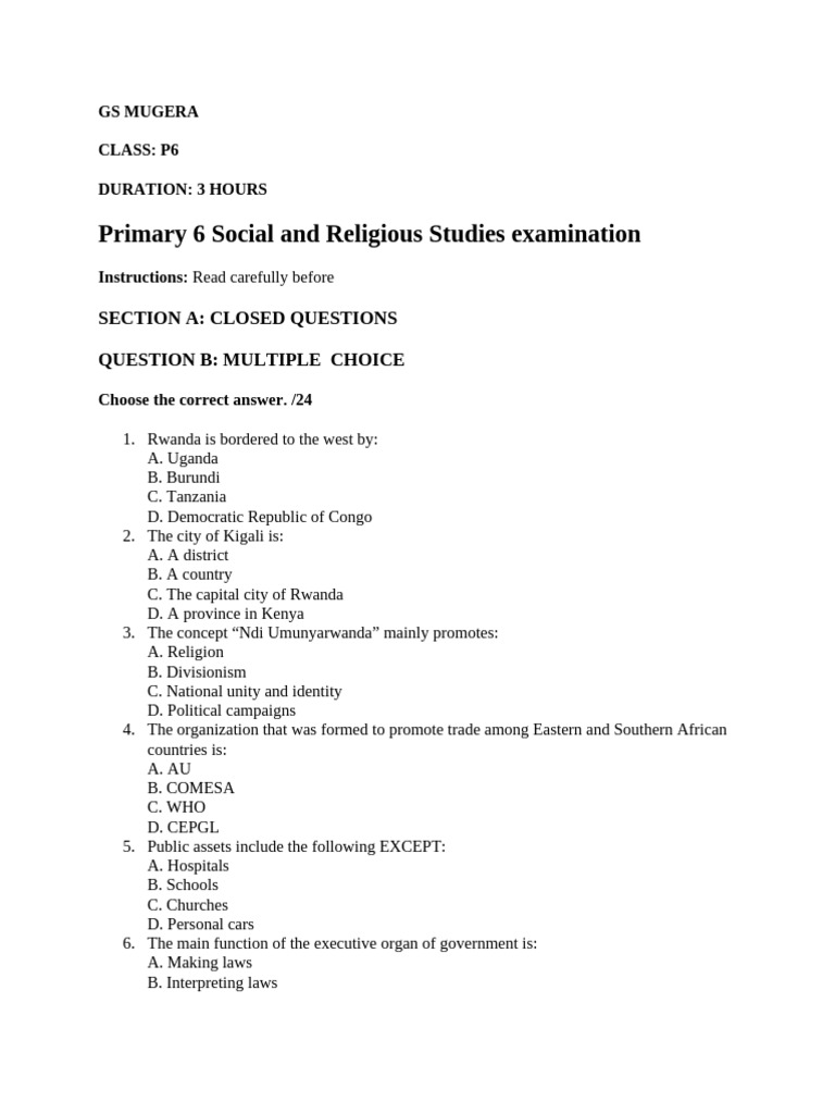 P6 Social Studies Exam Questions | PDF | Rwanda | Religious Belief And ...
