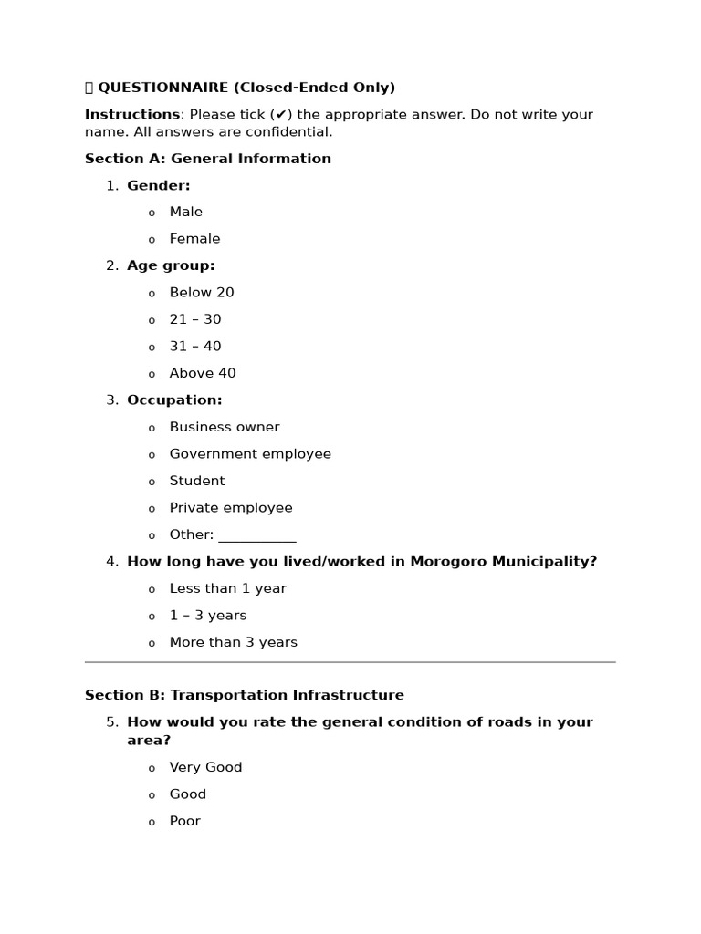 ? Questionnaire and Interview - 103554 | PDF | Transport | Economic ...