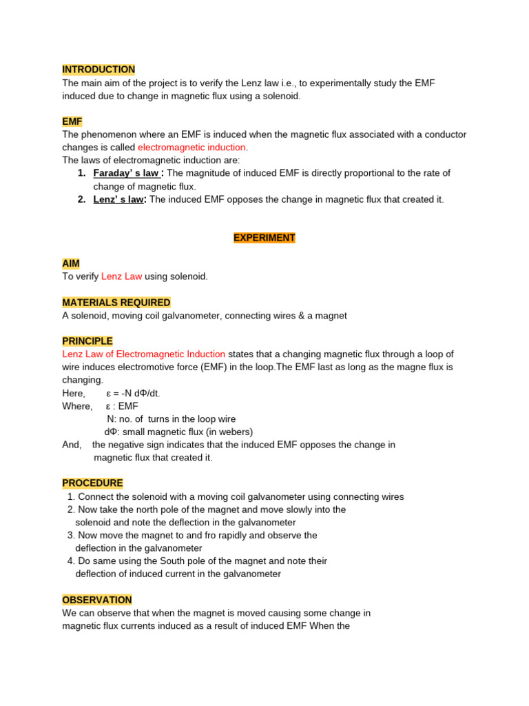 Physics Project (Lenz's Law) | PDF | Electromagnetic Induction ...