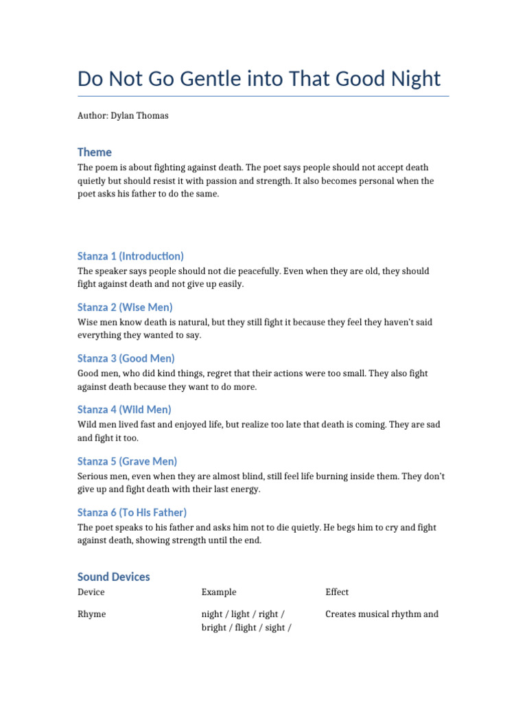 Do Not Go Gentle Analysis | PDF | Poetry | Stanzaic Form