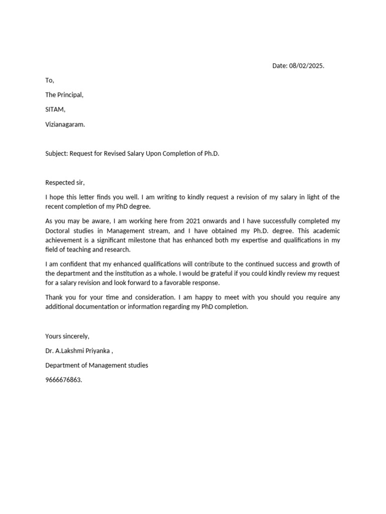 Salary Revision Request After PhD Completion | PDF
