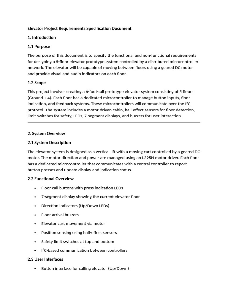 Elevator Project Requirements Specification Document | PDF | Elevator | Microcontroller