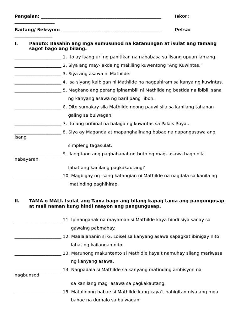 Ang Kuwintas Pagsusulit.. Ito Ay Halimbawa NG Maikling Kuwento | PDF