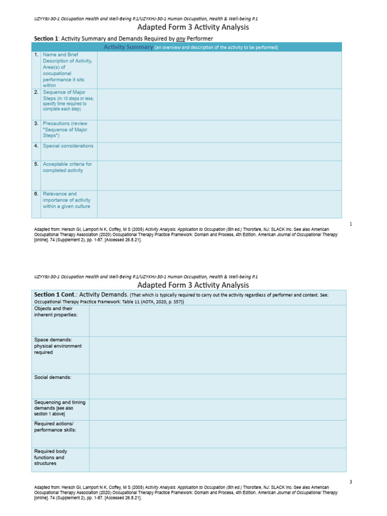 Activity Analysis Form 3 To OTPF-4 | PDF | Occupational Therapy | Therapy