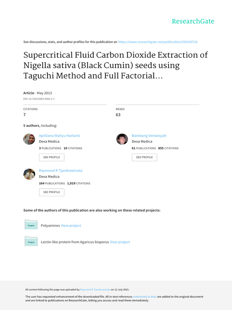 Supercritical Fluid Carbon Dioxide Extraction of Nigella Sativa Black Cumin Seeds Using Taguchi ...