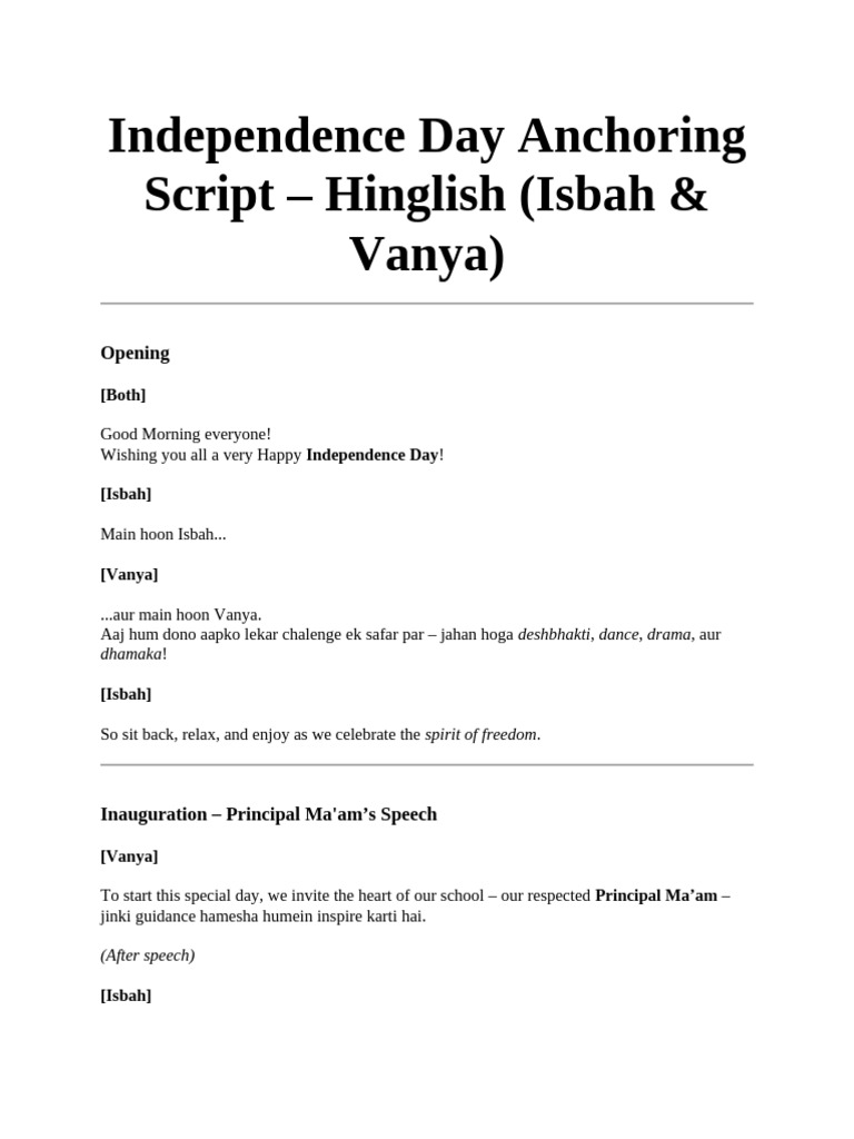 Independence Day Anchoring Script | PDF | Languages Of India