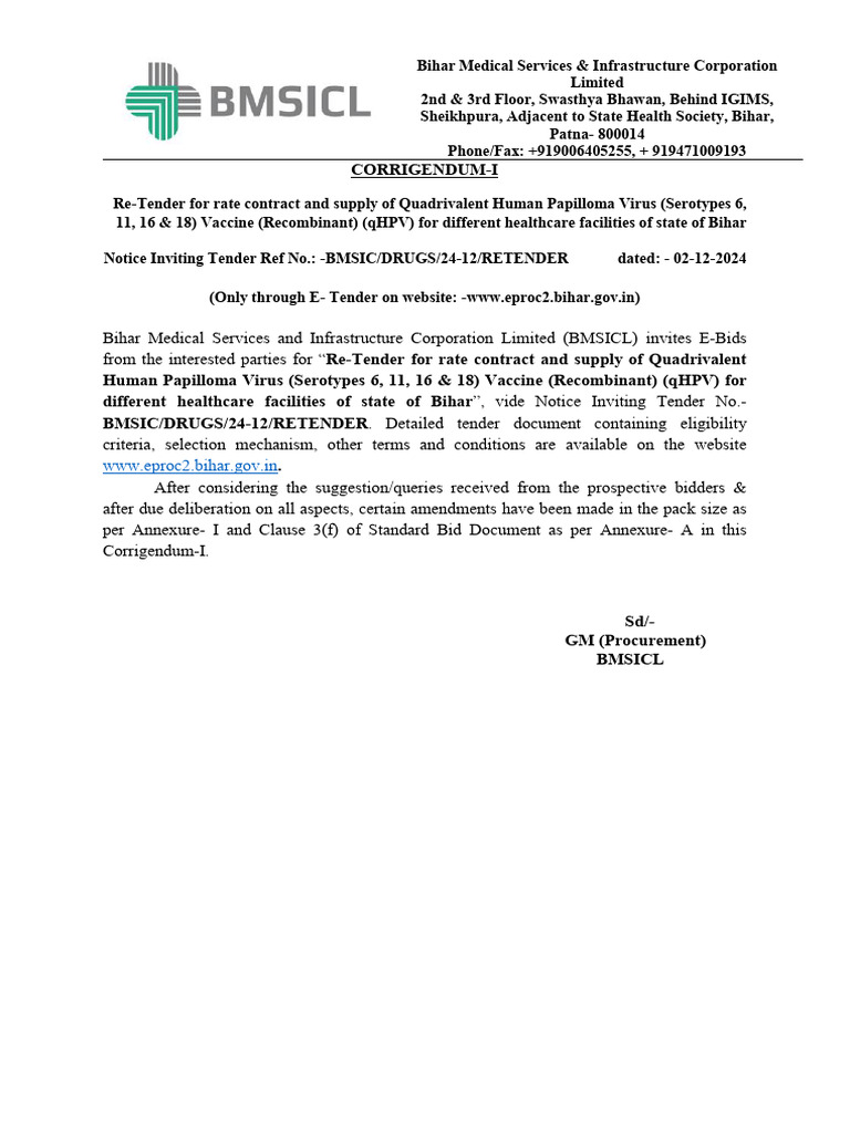 Bihar qHPV Vaccine Re-Tender Notice | PDF | Vaccines | Health Care