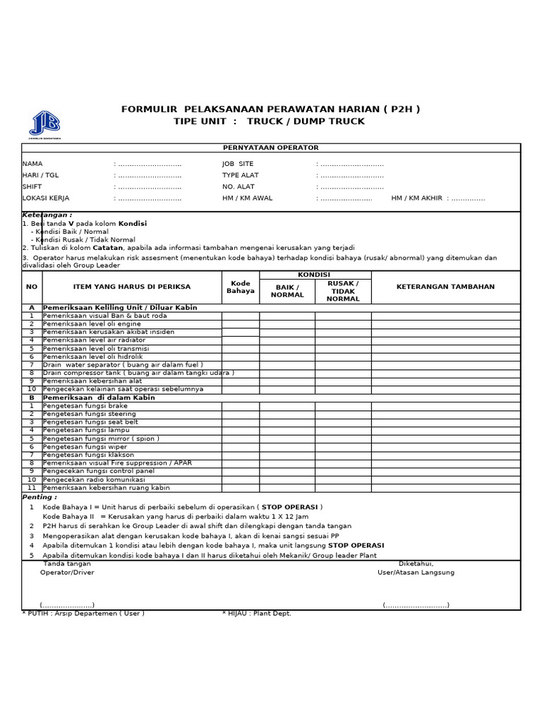 Formulir P2H Dump Truck Harian | PDF