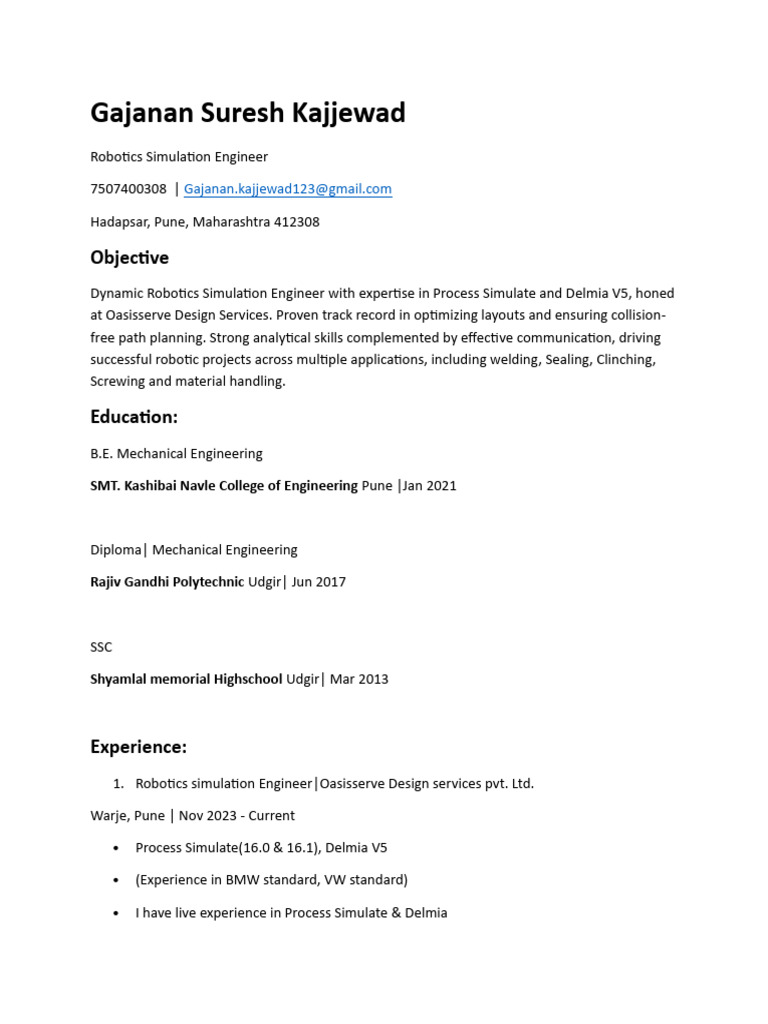 Resume Gajanan Simulation Engineer | PDF