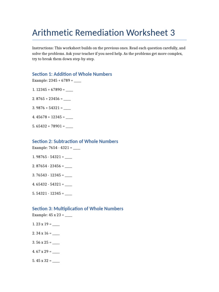 Arithmetic Remediation Worksheet 3 | PDF