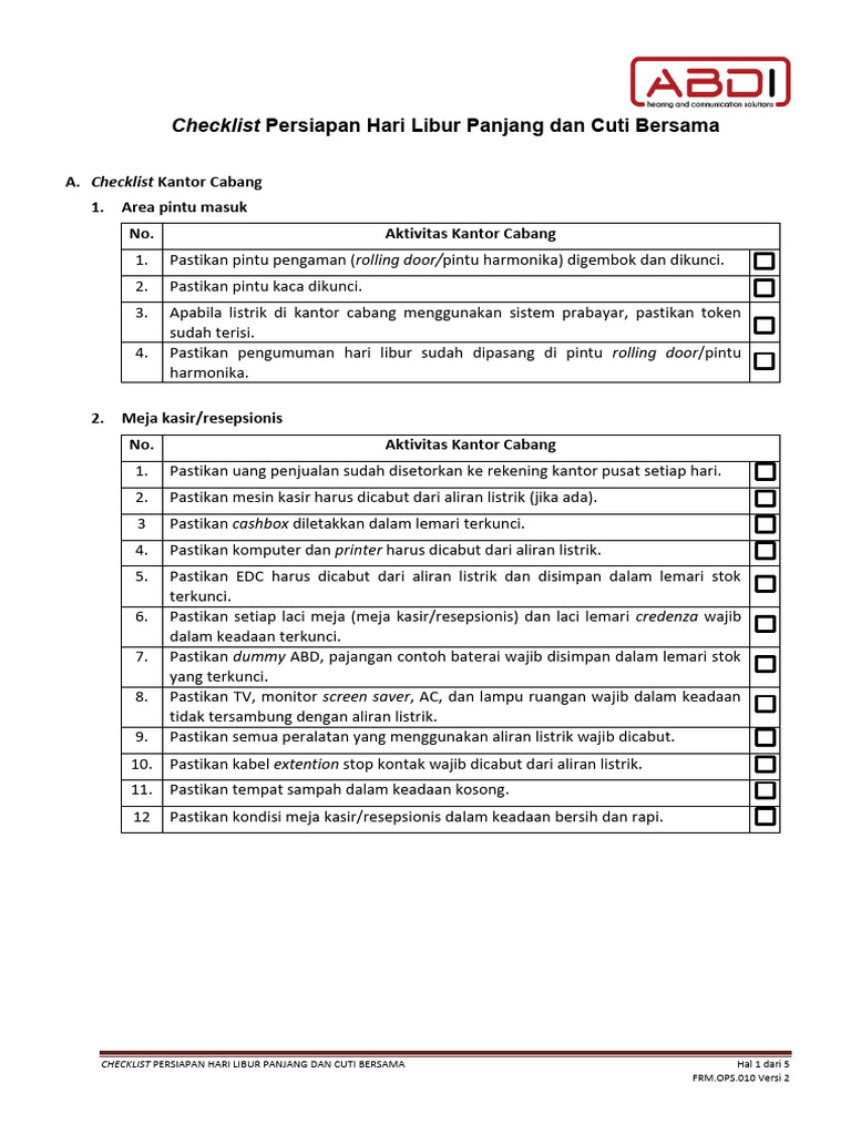 FRM - Ops.010 Checklist Persiapan Hari Libur Panjang Dan Cuti Bersama (Ver. 2) | PDF