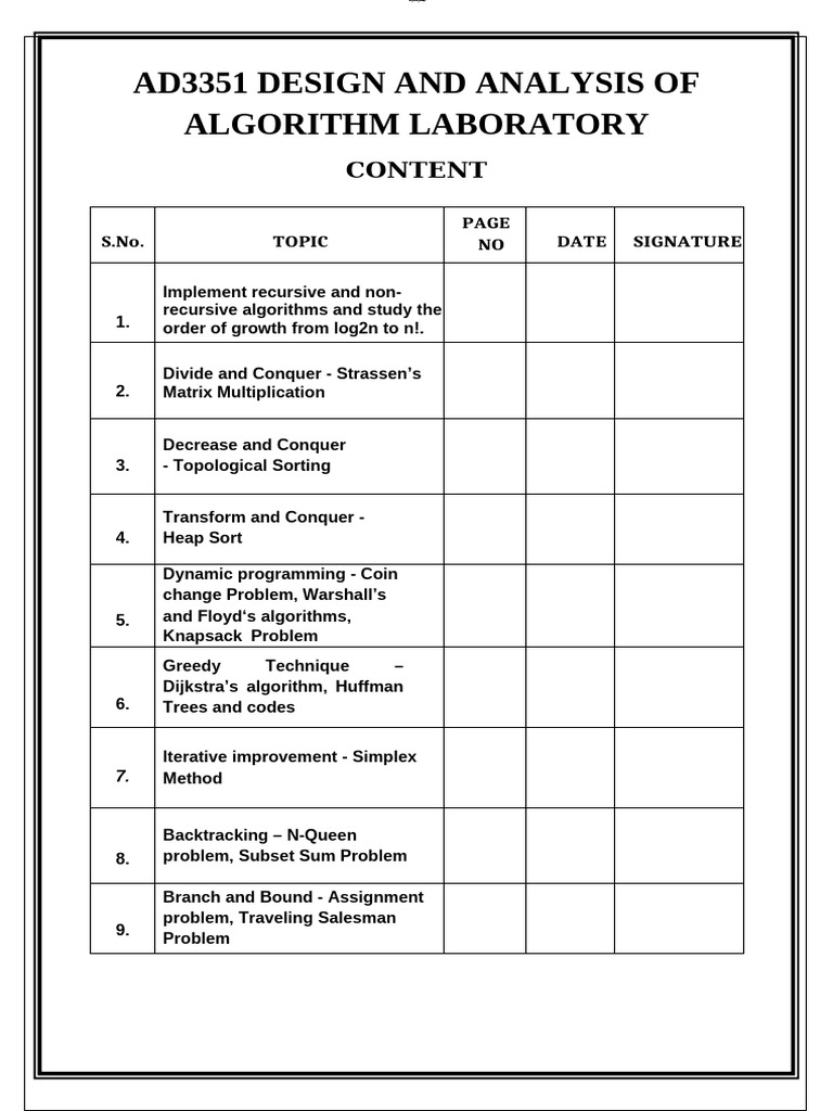 AD3351 Algorithm Lab Manual | PDF | Matrix (Mathematics) | Dynamic ...