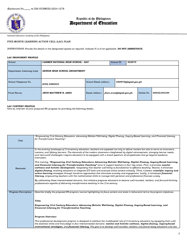 Detailed PD Program Design M E Plan Form and Budget Matrix LAC | PDF | Educational Technology ...