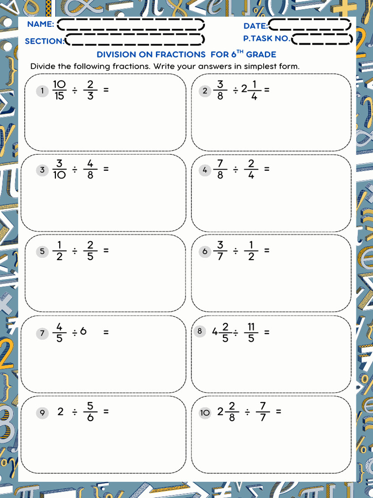 Operations On Fractions Review Worksheet in Gray, Yellow and Blue ...