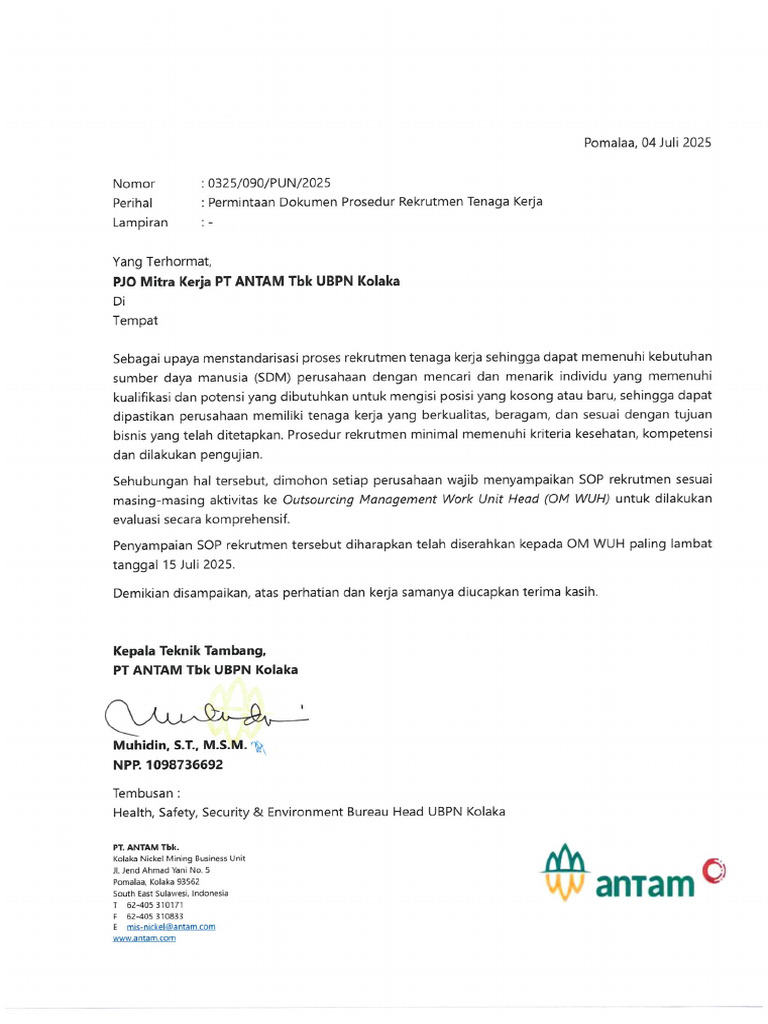 0325 - Permintaan Dokumen Prosedur Rekrutmen Tenaga Kerja | PDF