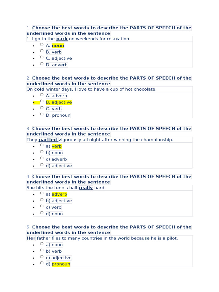 Parts of Speech and Grammar Exercises | PDF | Part Of Speech | Adverb