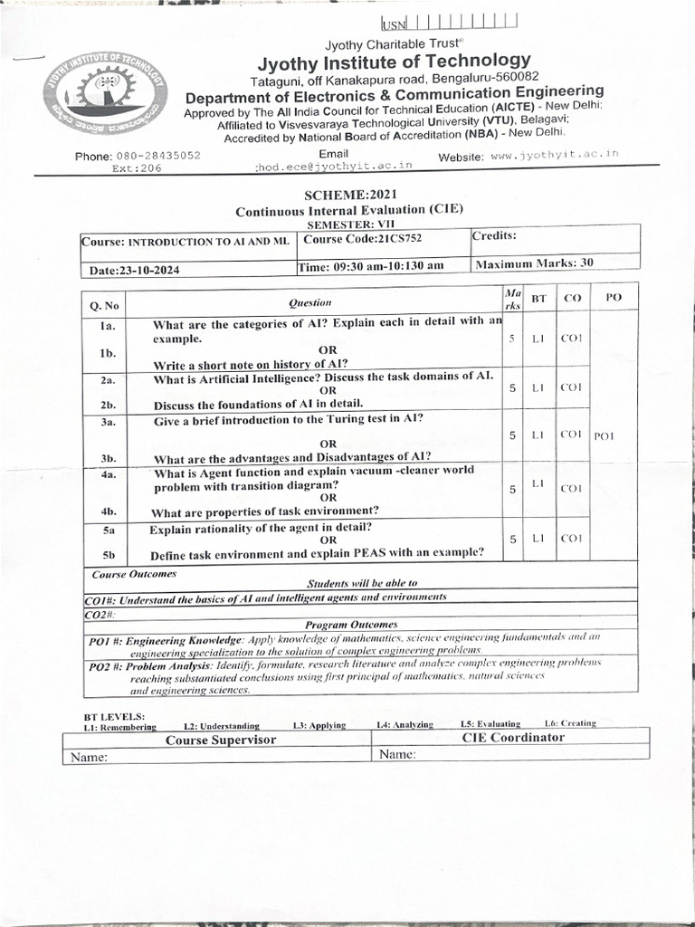 Introduction To AI and ML Question Papers | PDF