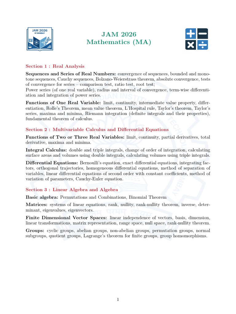 MA Mathematics Syllabus for IIT JAM 2026 | PDF