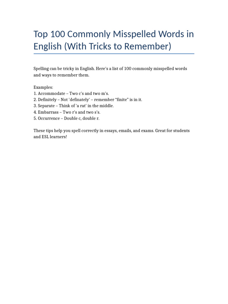 Top 100 Commonly Misspelled Words in English (With Tricks To Remember) | PDF