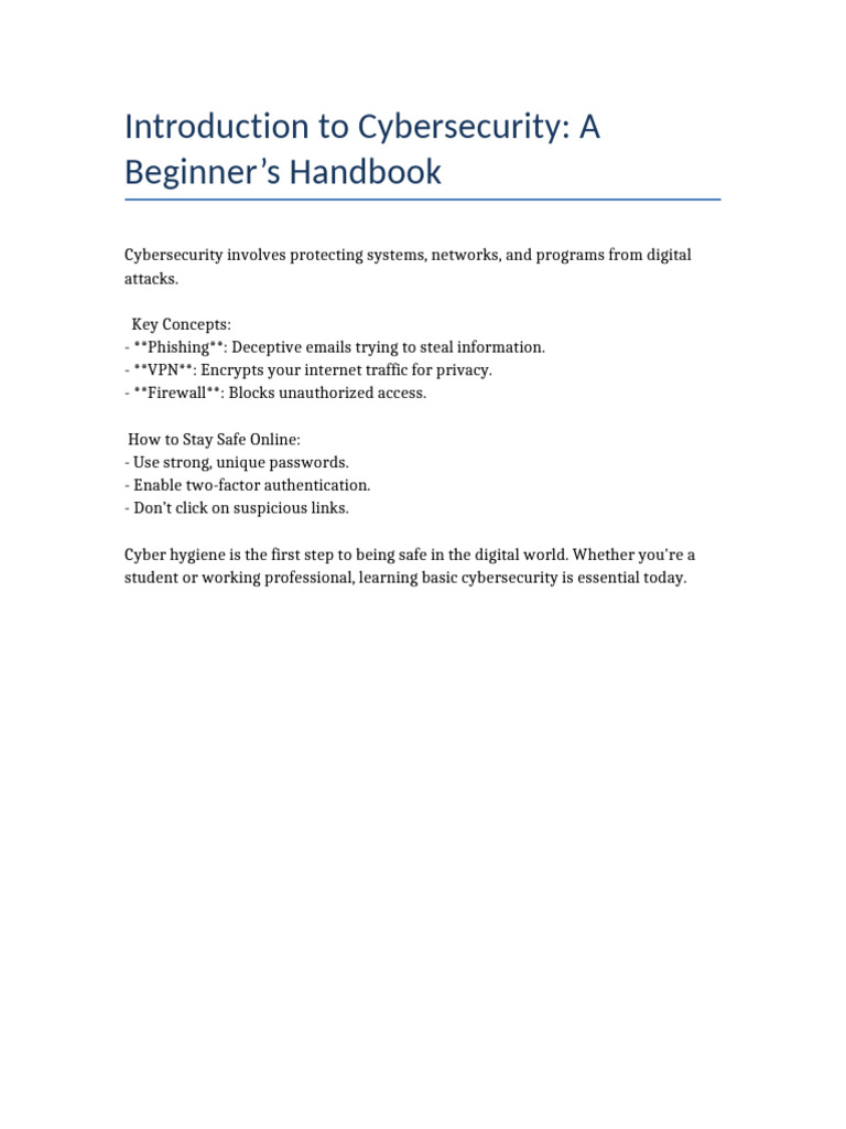 Introduction To Cybersecurity A Beginner's Handbook | PDF