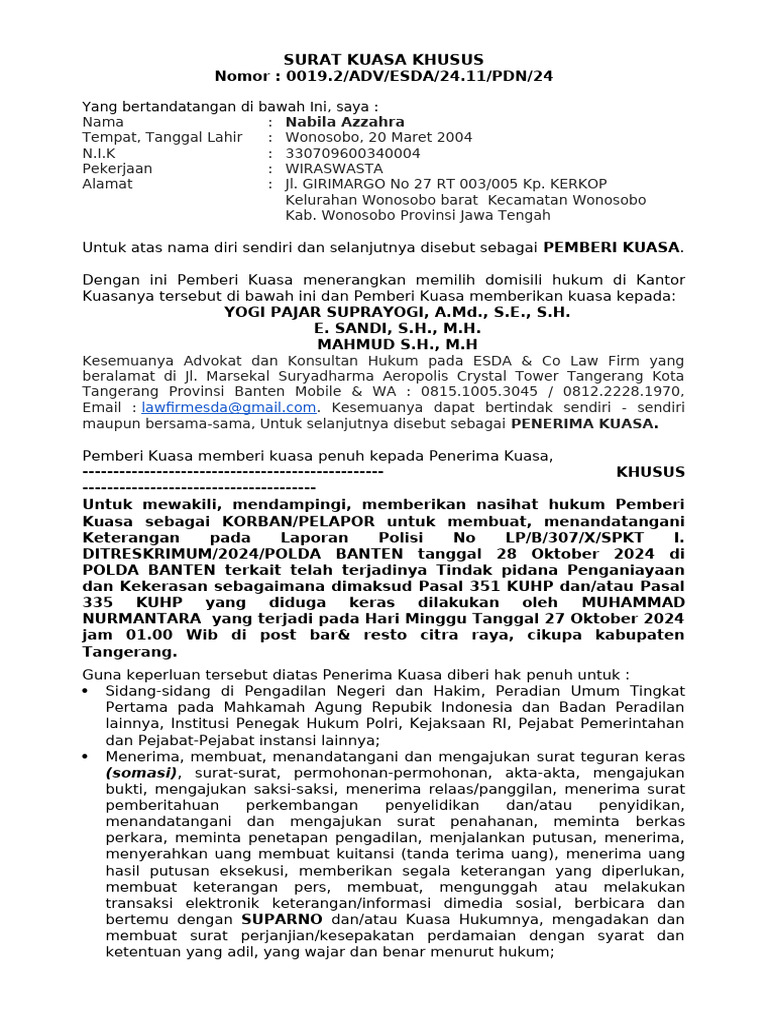 Surat Kuasa Khusus Nabila | PDF