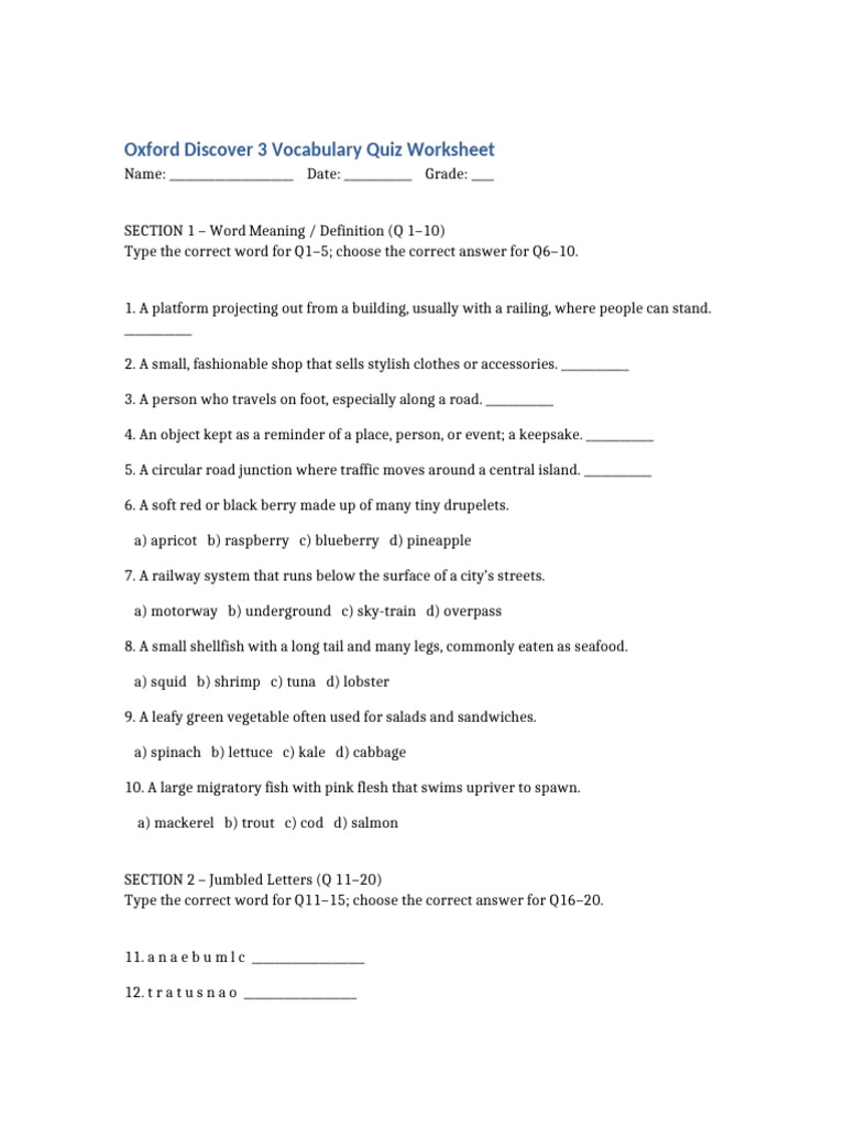 Oxford Discover 3 Vocabulary Quiz | PDF