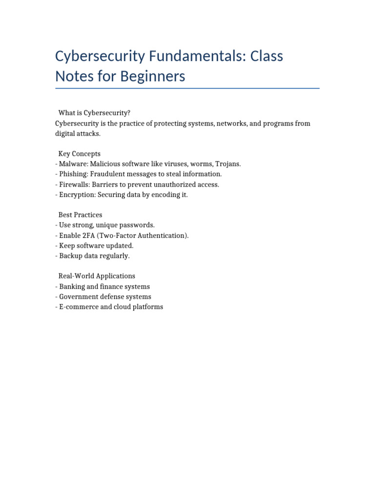 Cybersecurity Fundamentals Class Notes For Beginners | PDF