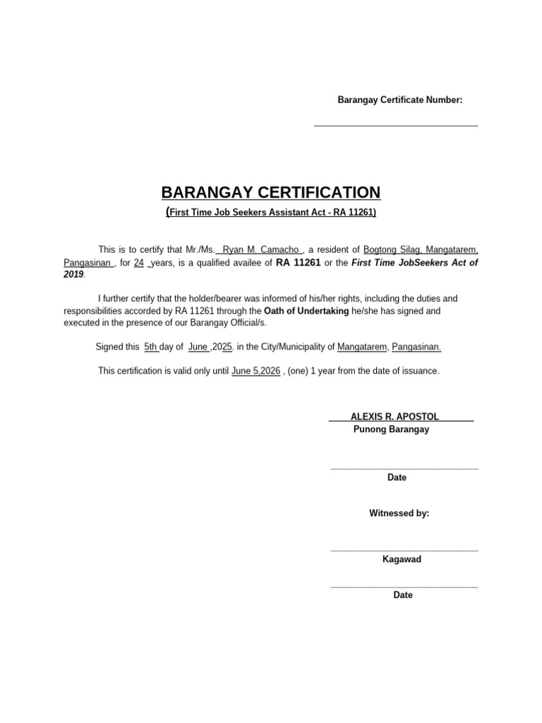 Barangay Certification Template | PDF
