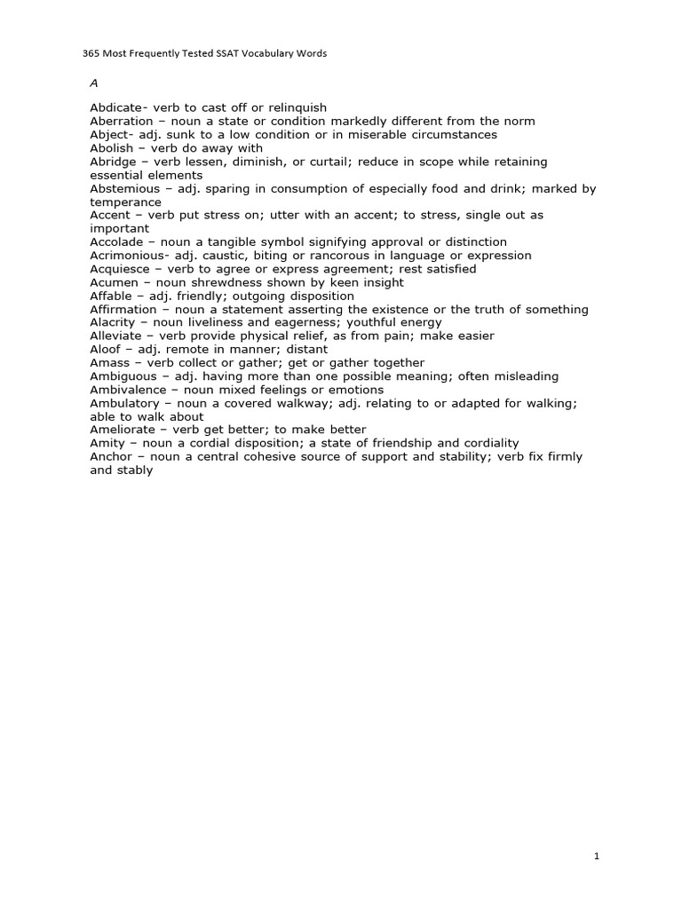Essential SSAT Vocabulary Guide | PDF | Graduate Record Examinations